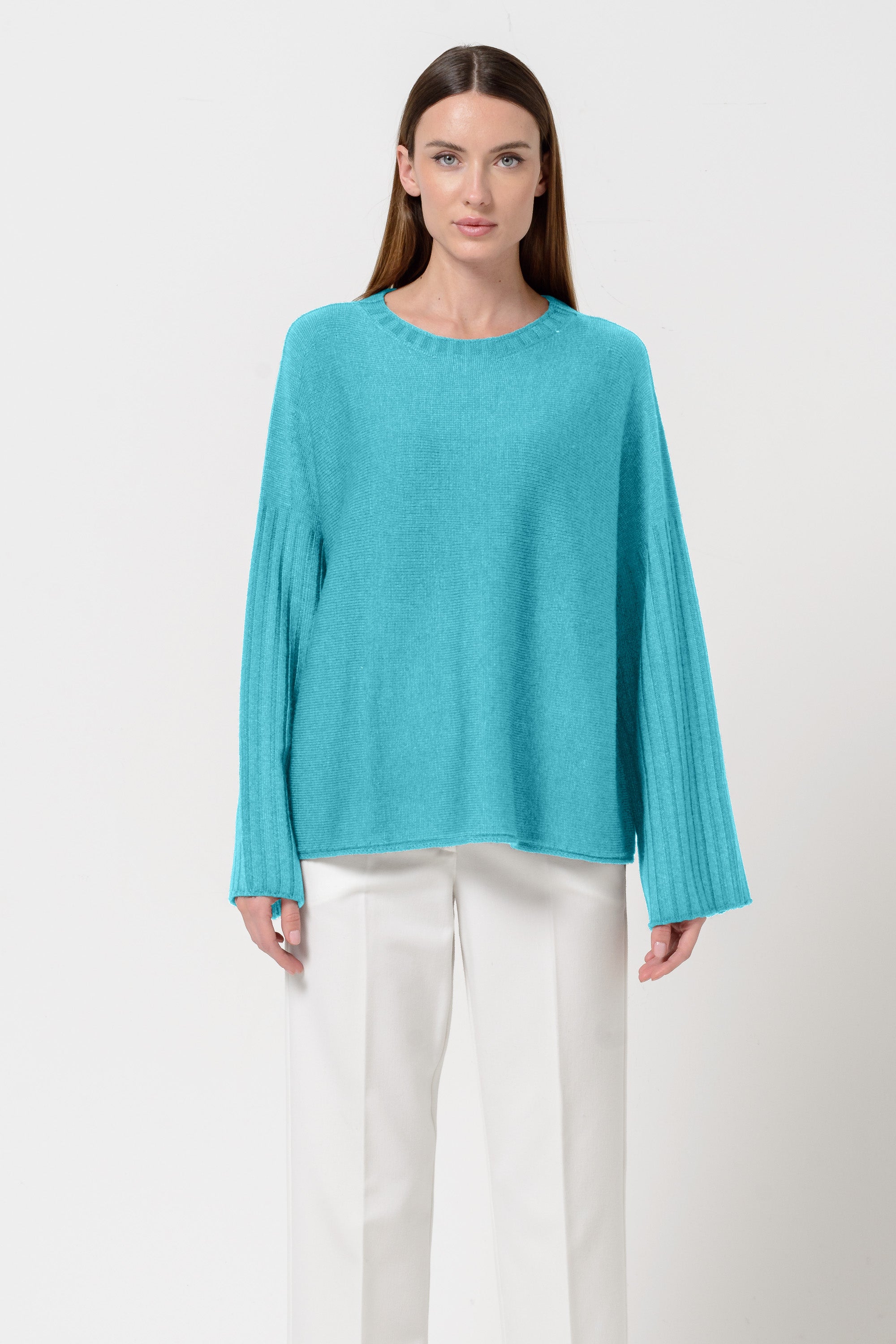 Olsen - Loose Fit Ribbed Sleeve Sweater in Aqua | Ploumanac’h