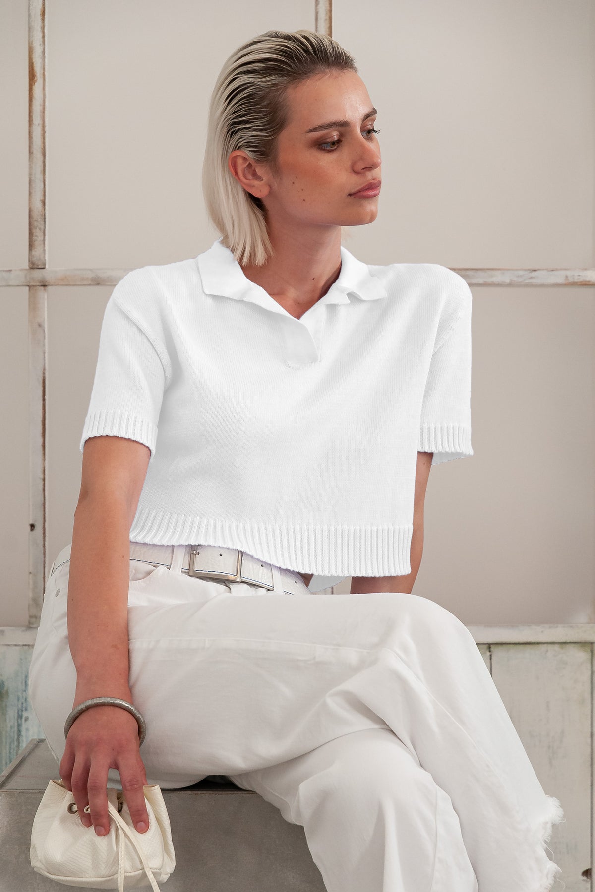 White Maya Knit Polo - Women's Cropped Knit Polo | Ploumanac'h